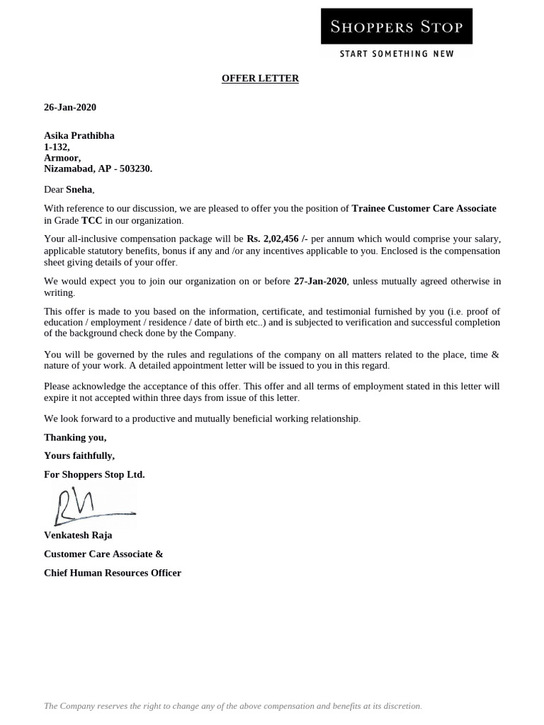 Shopper Stopoffer Letter | PDF | Life Insurance | Employment