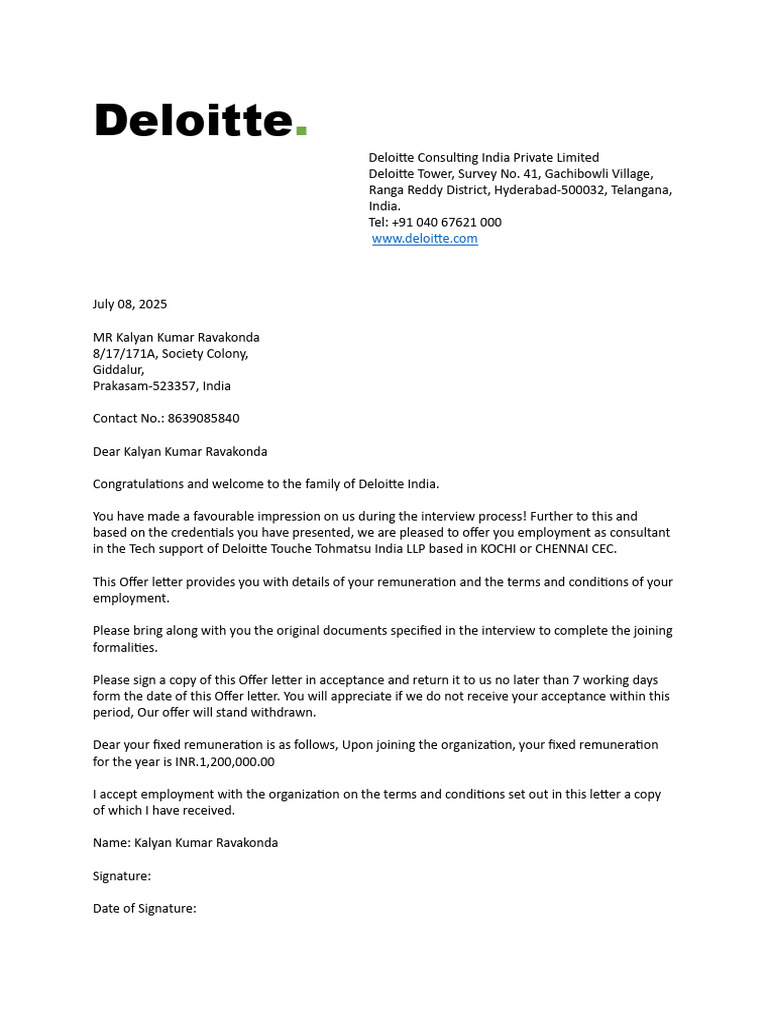 Deloitte Offer Letter | PDF
