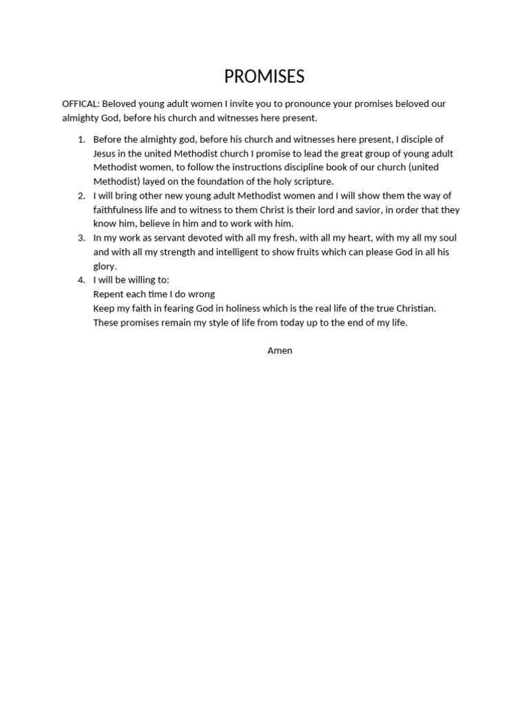Young Adult Methodist Women's Promises | PDF