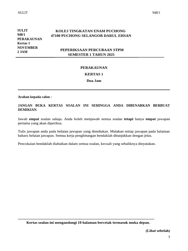 Soalan Trial STPM S1 2025 | PDF