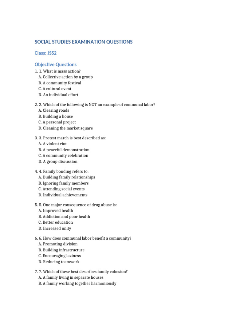 JSS2 Social Studies Exam Questions & Answers | PDF | Psychological ...