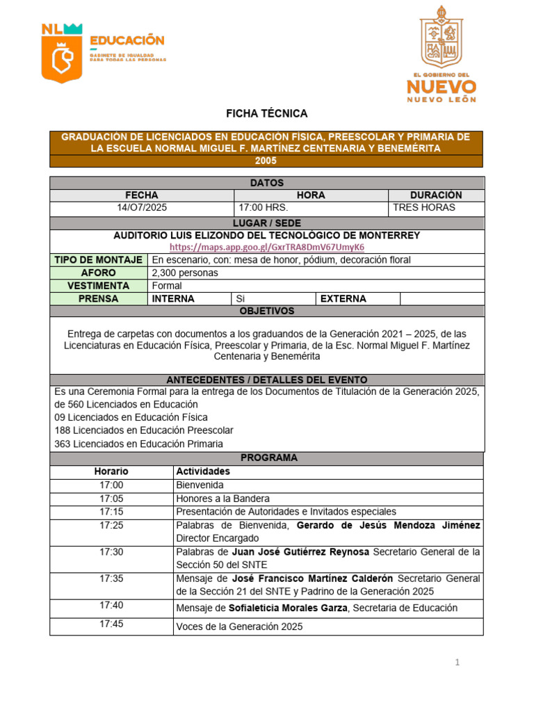 Ficha Técnica - Graduación Enmfm 2025 | PDF | Etapas educativas | México