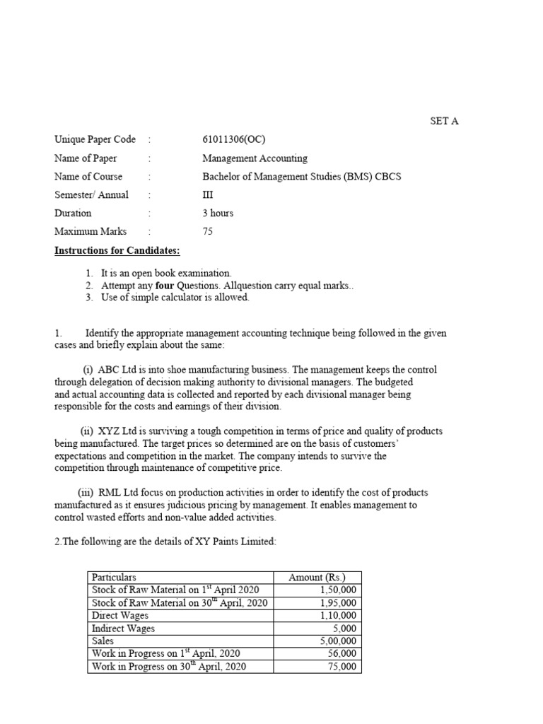 Management Accounting (OC) Dec 2020 | PDF | Economics | Business Economics