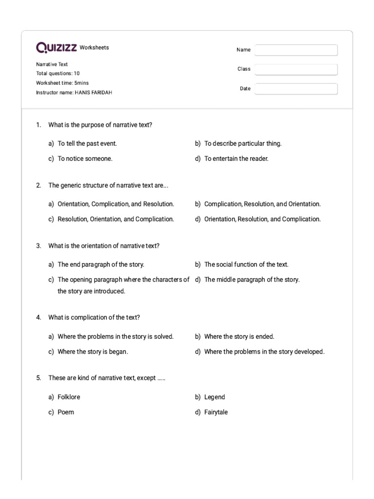 Narrative Text Worksheet for Students | PDF
