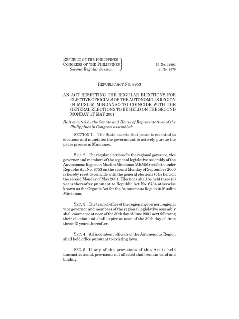 Reset of ARMM Elections to May 2001 | PDF
