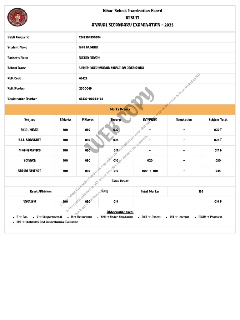 Secondary Annual Result 2025 | PDF | Secondary Education | Student ...