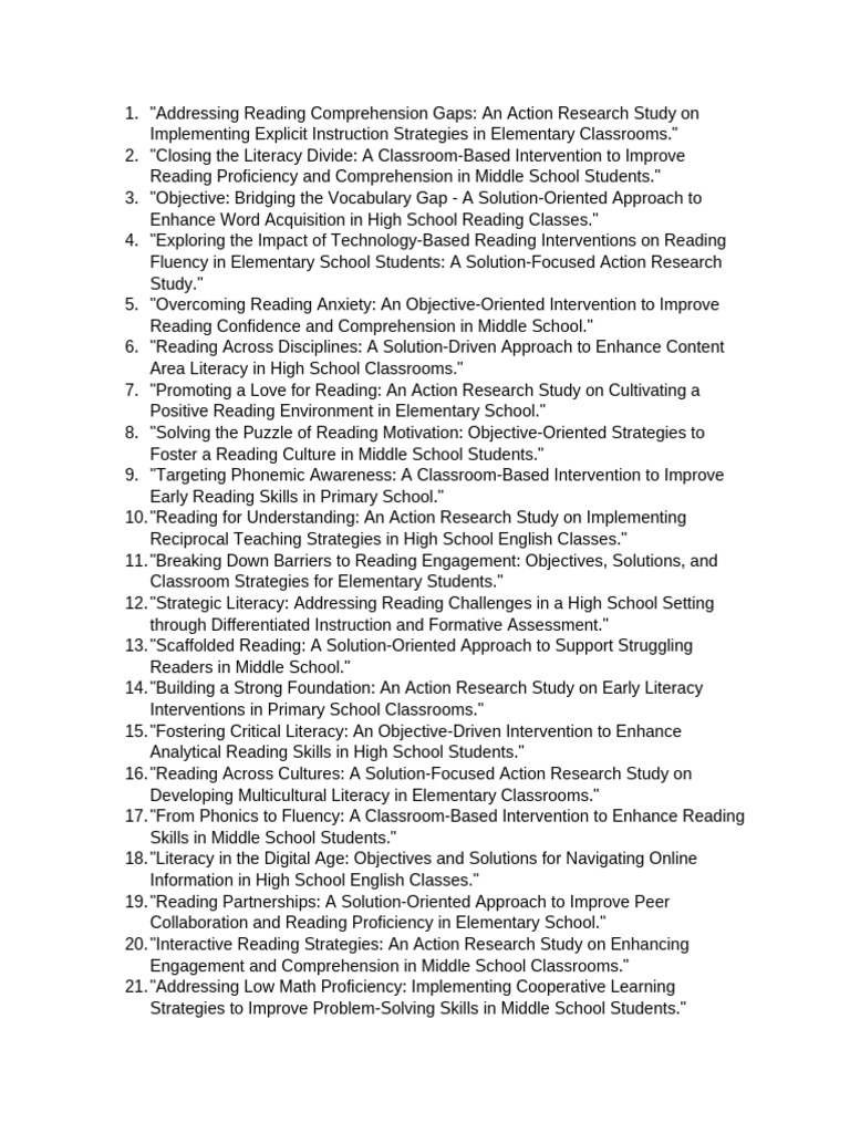 Action Research Titles on Reading Comprehension | PDF | Reading ...