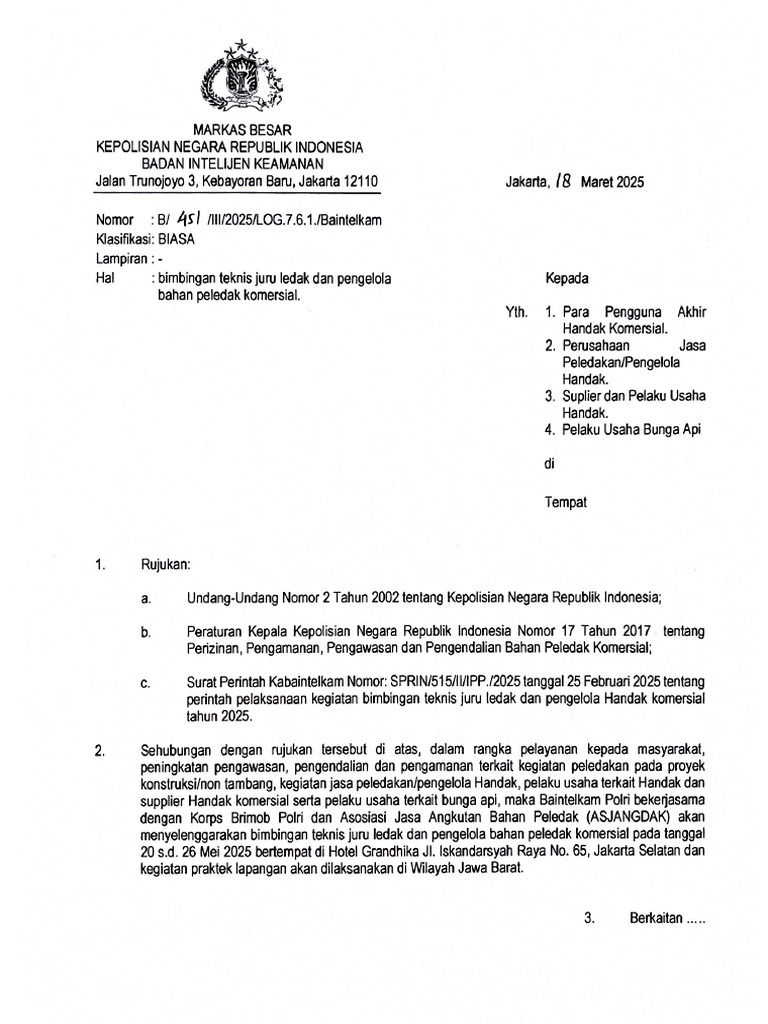 Surat Bimtek Juru Ledak Dan Pengelola Handak Komersial Tahun 2025 | PDF