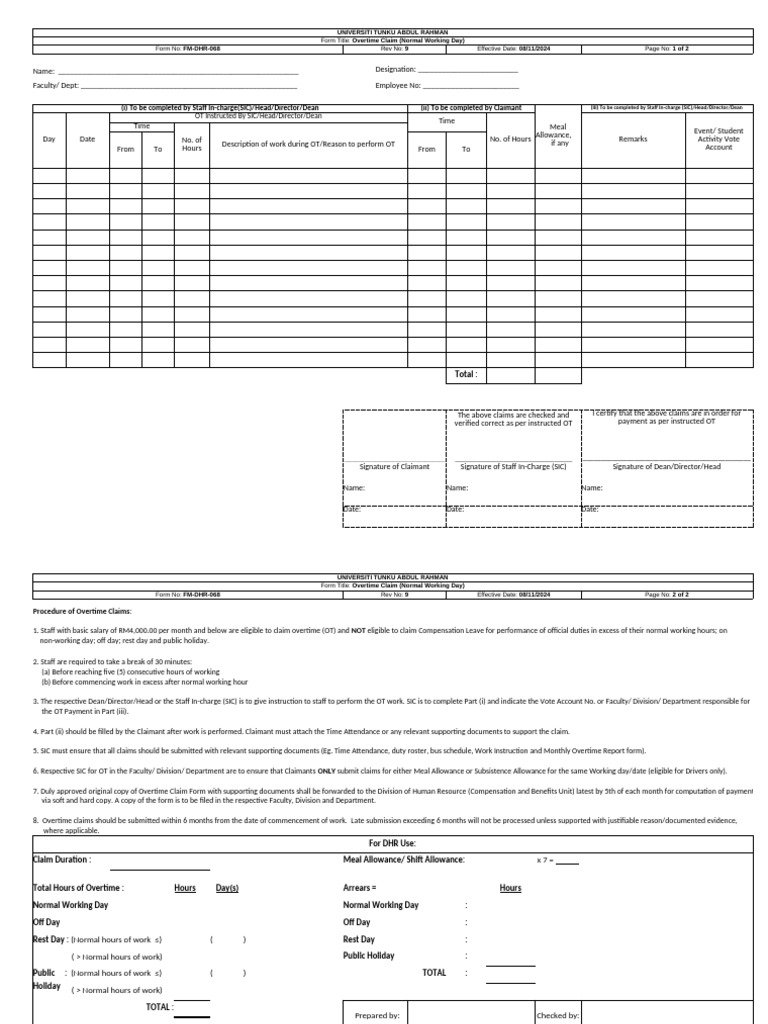 DHR Overtime Claim Form Instruction For Overtime 20241111 | PDF | Overtime | Labor
