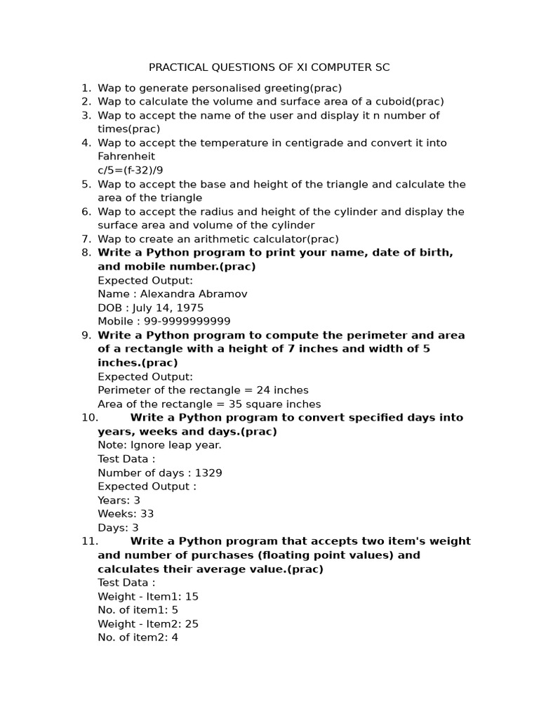 Class XI CSC Practical Questions | PDF | Area | Mathematics