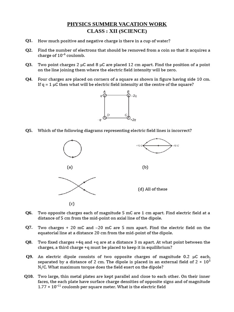 XII Physics Vacation Work | PDF | Electric Field | Potential Energy
