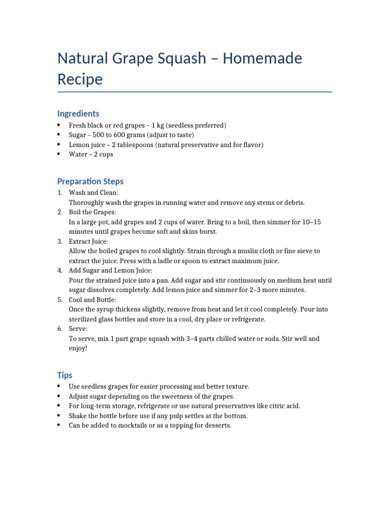 Natural Grape Squash Recipe | PDF