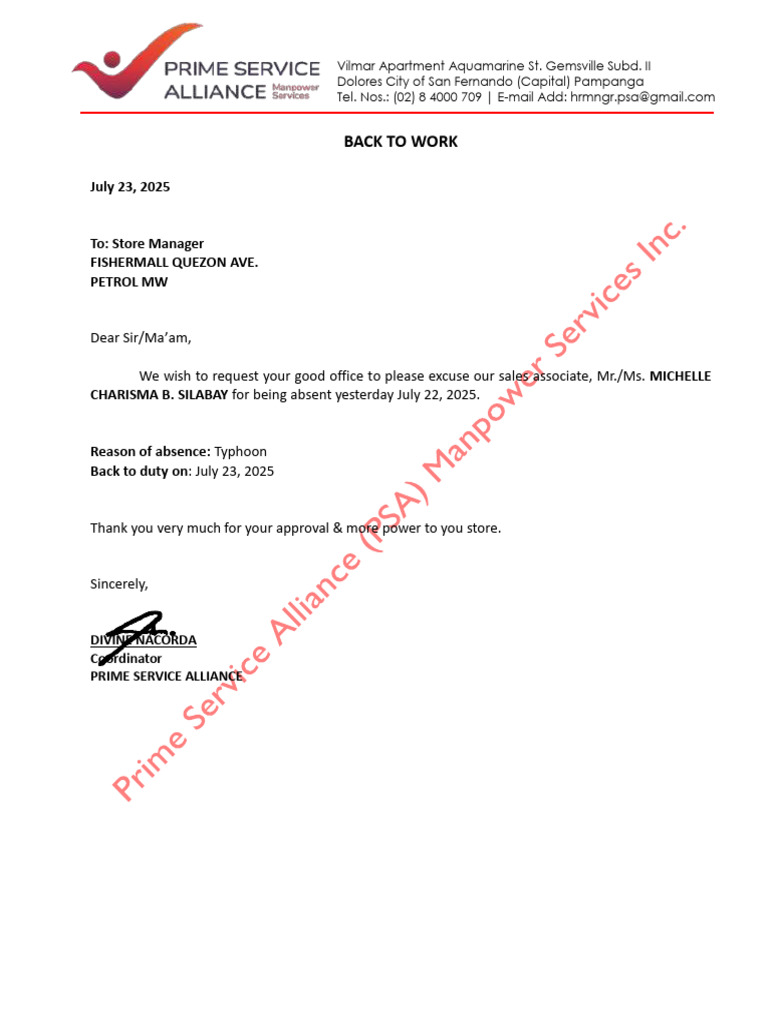 Prime Back To Work Michelle Charisma B. Silabay | PDF