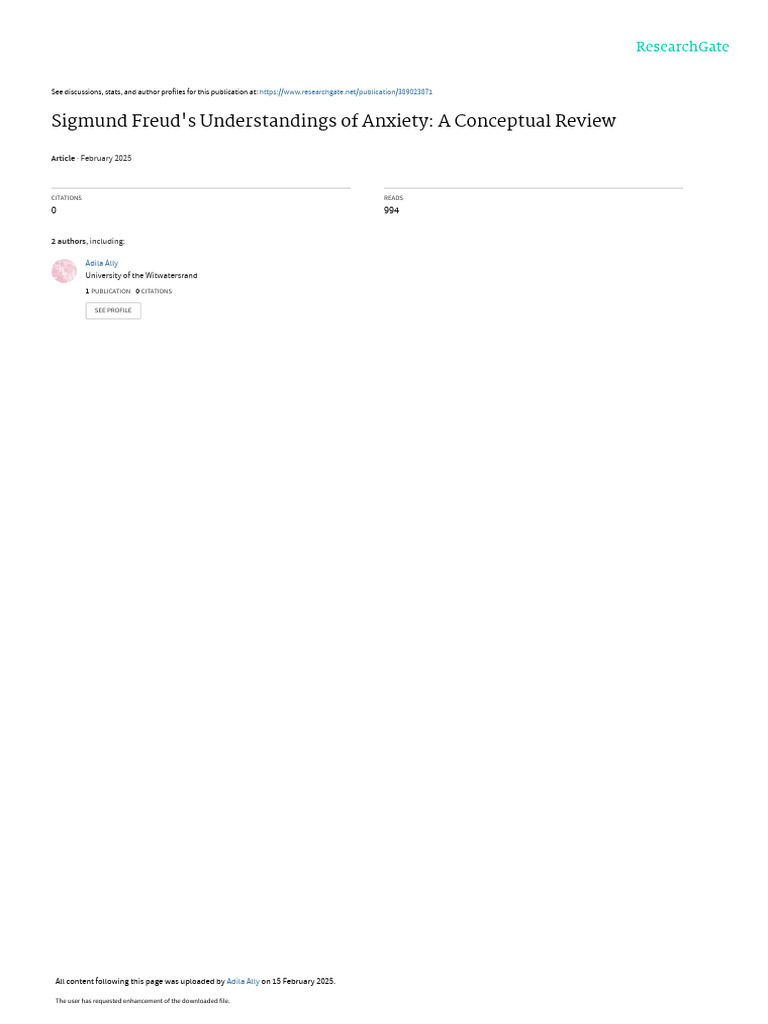 Sigmund Freud's Understandings of Anxiety: A Conceptual Review | PDF ...