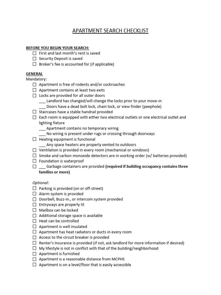 Apartment Search Checklist | PDF | Sink | Apartment