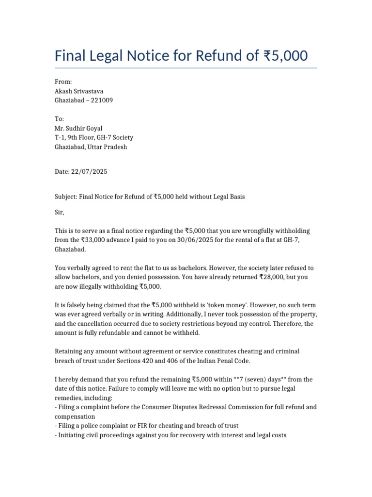Final Legal Notice Refund 5000 Token Money Updated | PDF