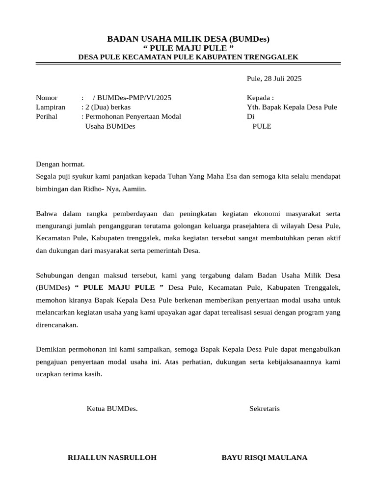 Permohonan Modal Usaha BUMDes Pule | PDF