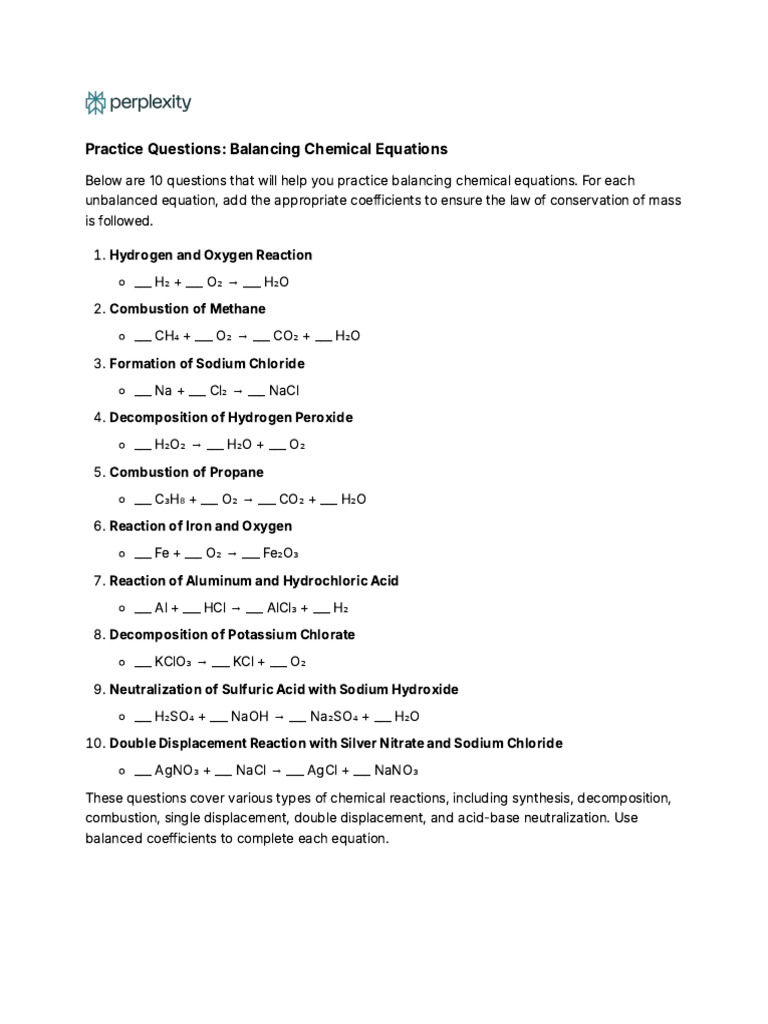 Practice Questions - Balancing Chemical Equations | PDF