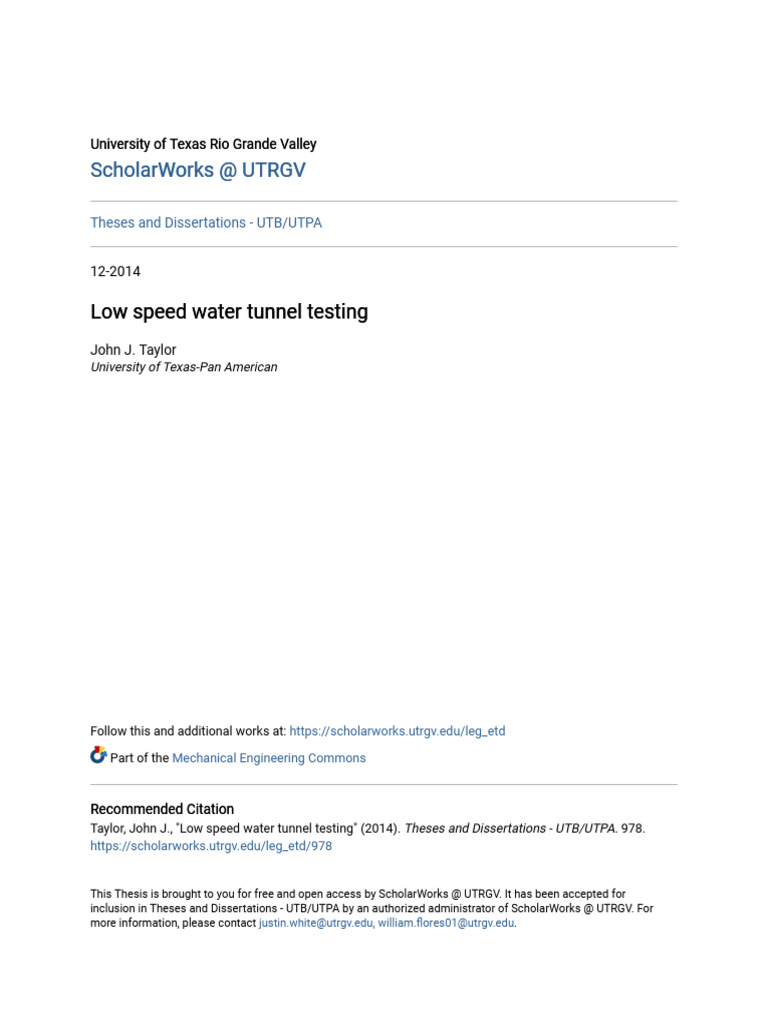 Low Speed Water Tunnel Testing Thesis | PDF | Fluid Dynamics | Reynolds ...
