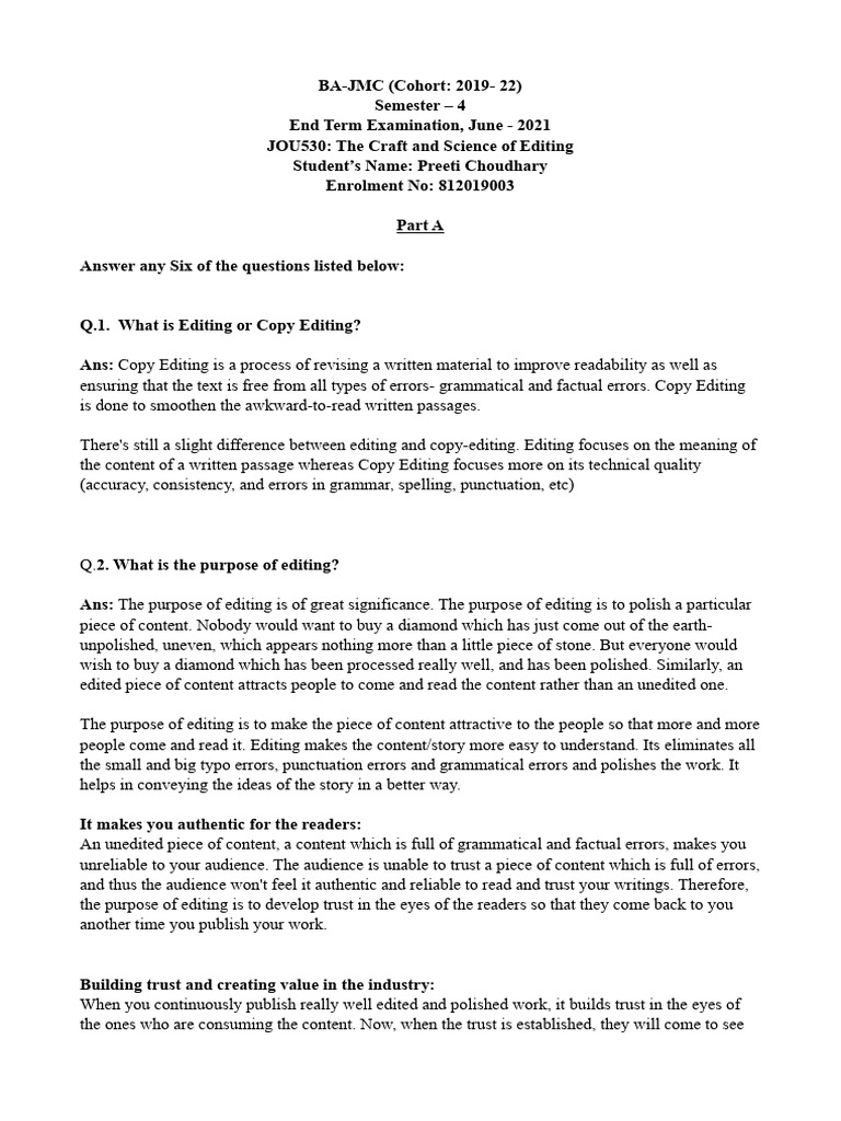 End Term Exam - Craft of Editing - Preeti Choudhary | PDF | Editing ...