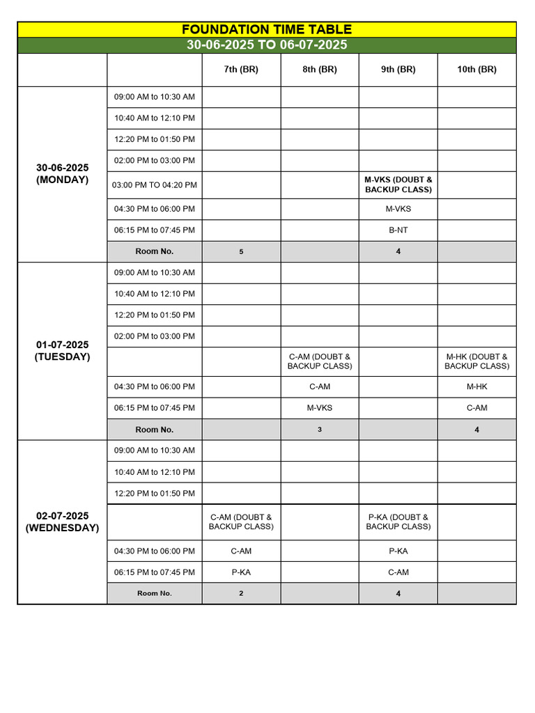 Foundation Time Table: June-July 2025 | PDF