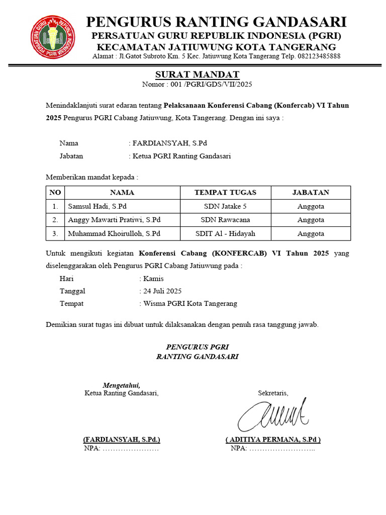 Mandat Konfercab VI PGRI Jatiuwung | PDF