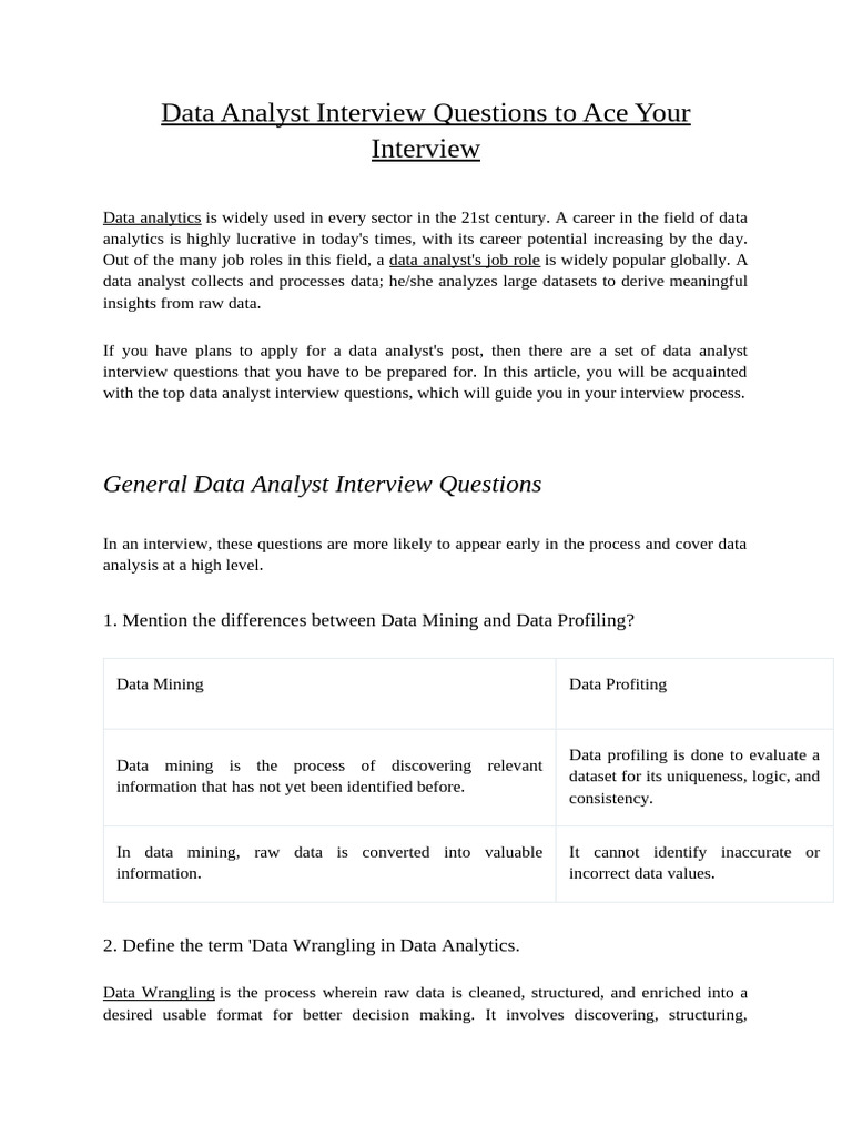 Data Analyst Interview Questions To Ace Your Interview | PDF | Outlier | Data Analysis