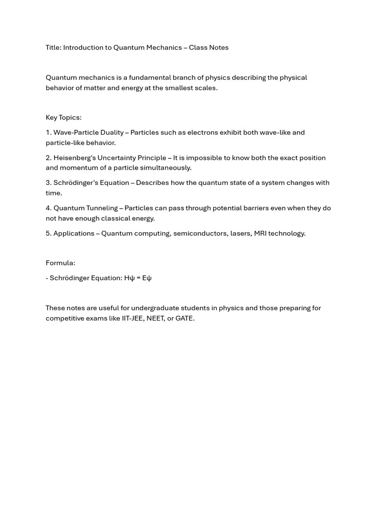 Introduction To Quantum Mechanics - Class Notes | PDF