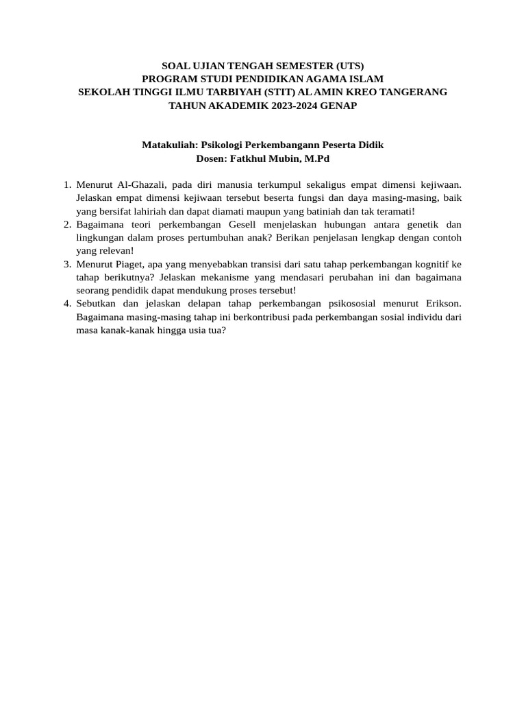 Soal UTS - Psikologi Perkembangan Semester 4 PAI Genap | PDF