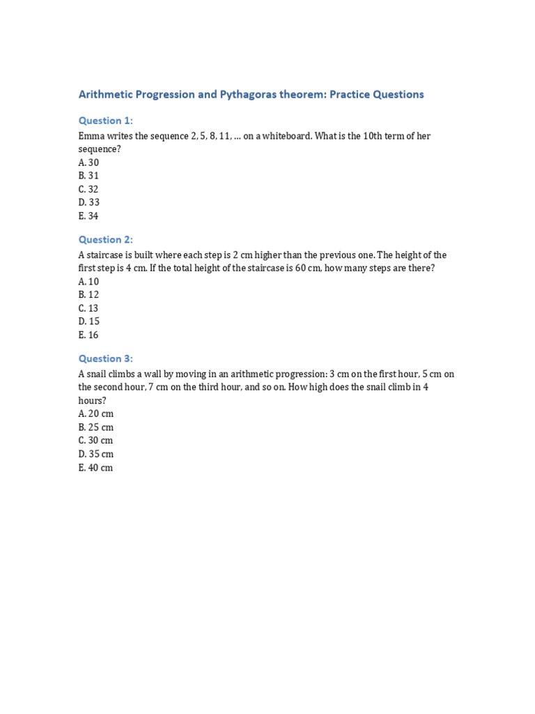 Test 3 Arithmetic - Progression and Pythagorus Theorem - Practice ...