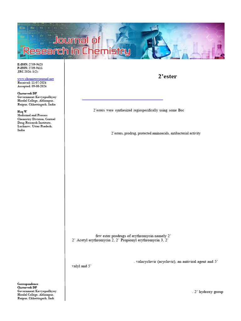 A Facile Synthesis and Antimicrobial Activity of Erythromycin-2'ester ...