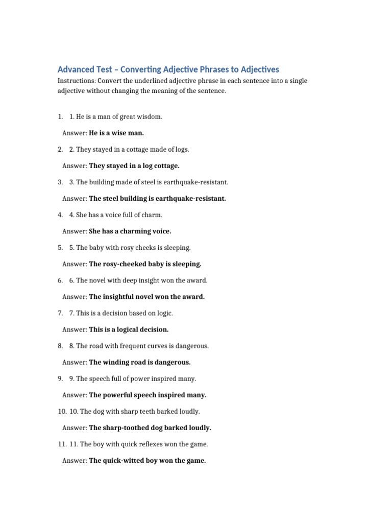 Advanced Adjective Phrase To Adjective Test | PDF