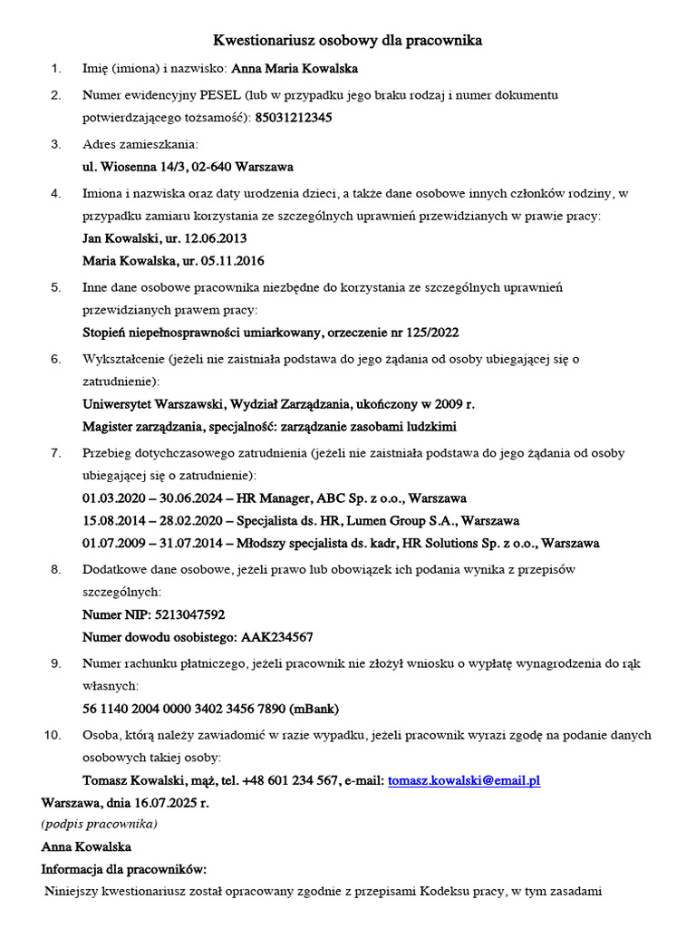 Personal Questionnaire For The Employee - Filled With AI | PDF