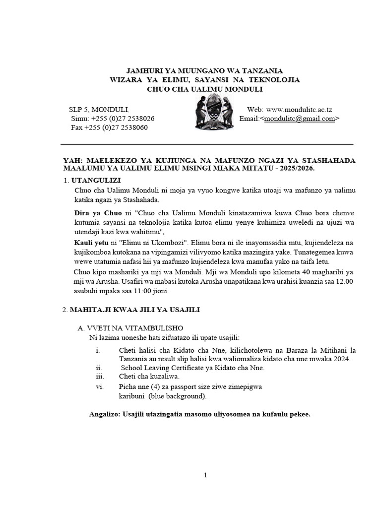 Joining Instruction 2025 Monduli TC Docx - 0 | PDF