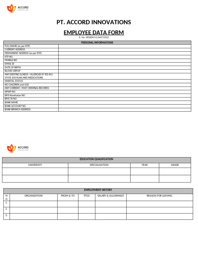 Employee Data Form for PT Accord Innovations | PDF