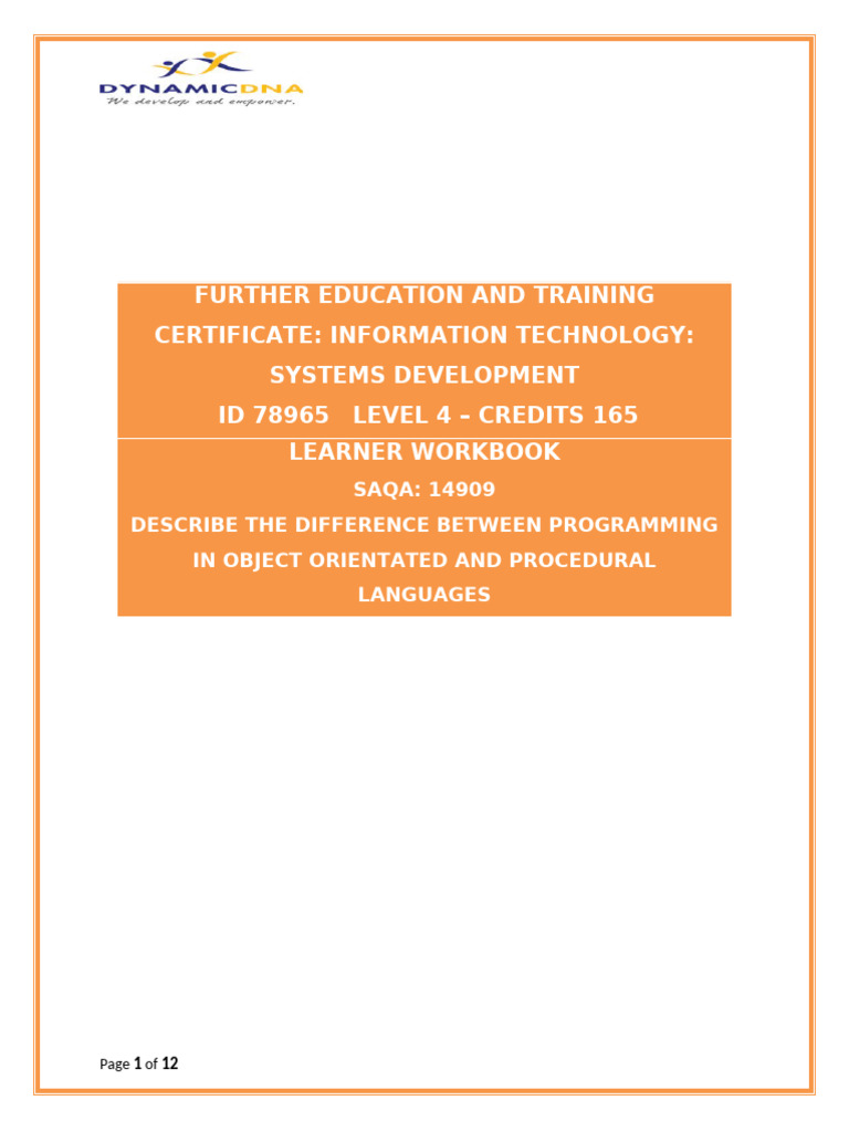 SAQA - 14909 - Learner Workbook | PDF | Object Oriented Programming | Class (Computer Programming)