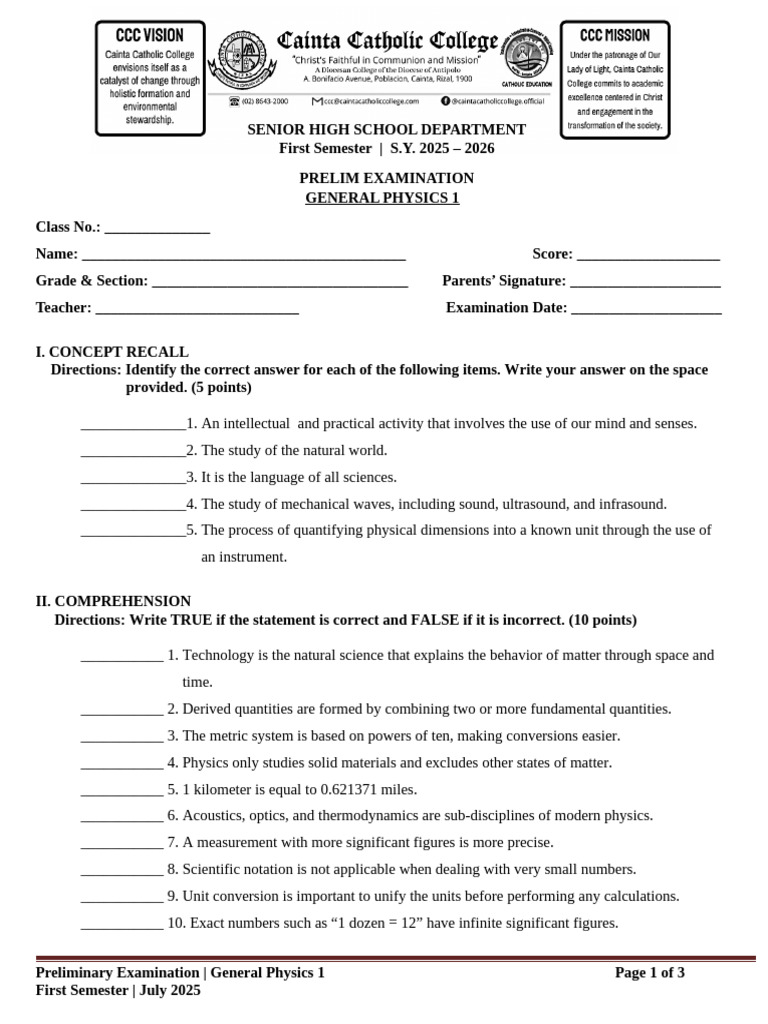 G12 1st MT General Physics 1 (2025) | PDF | International System Of ...