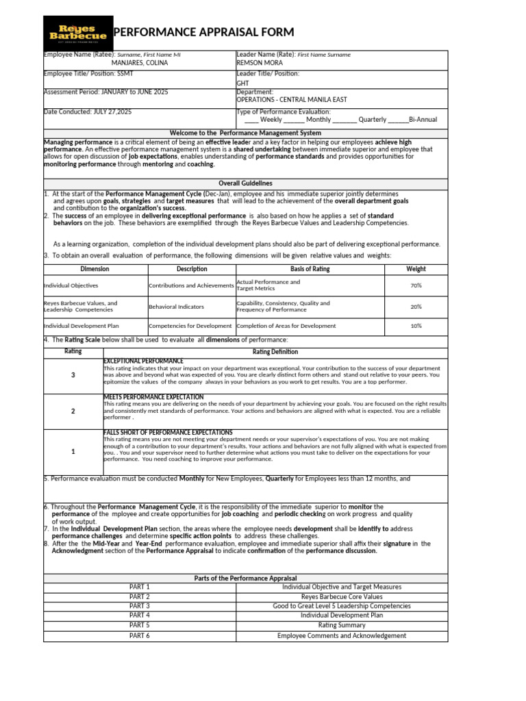 Mam Colina January To June 2025 | PDF | Performance Appraisal | Behavioural Sciences