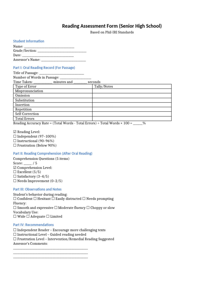 Reading Assessment Form SHS | PDF