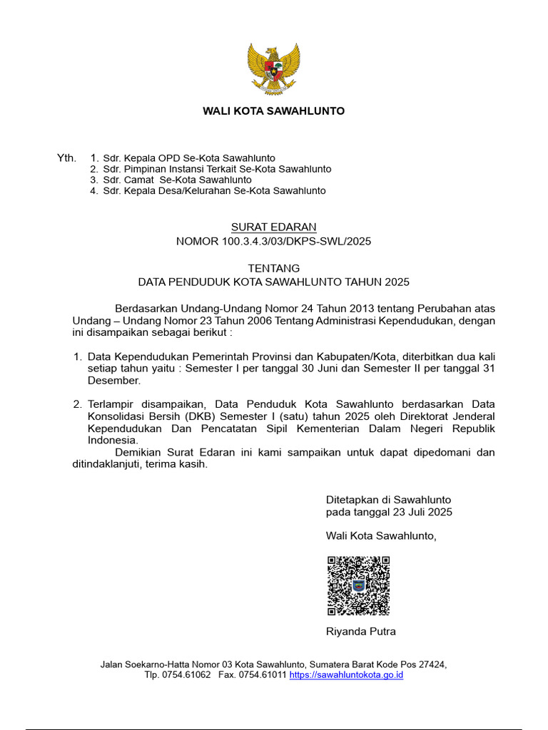 Data Penduduk Sawahlunto 2025 | PDF