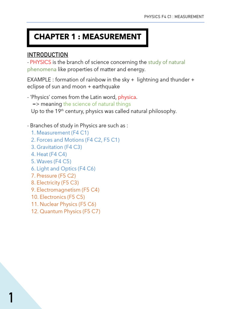 Chapter 1 Measurement (Notes) | PDF | Velocity | Mass
