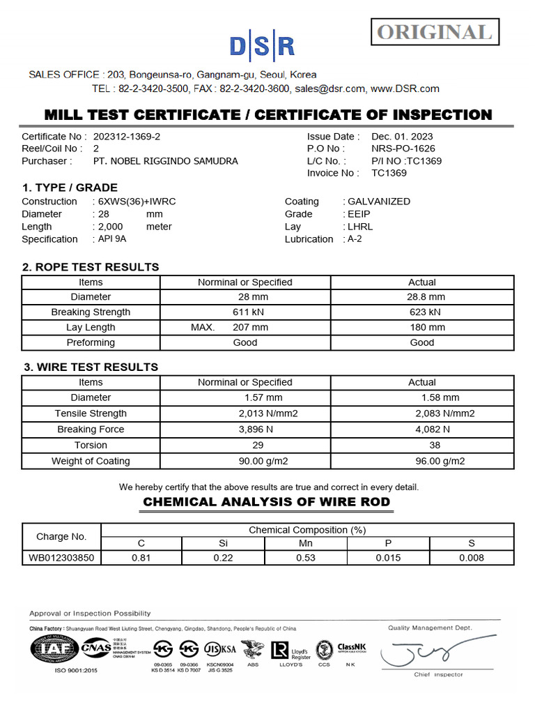 Mill Test Certificate for Wire Rope | PDF | Mechanical Engineering