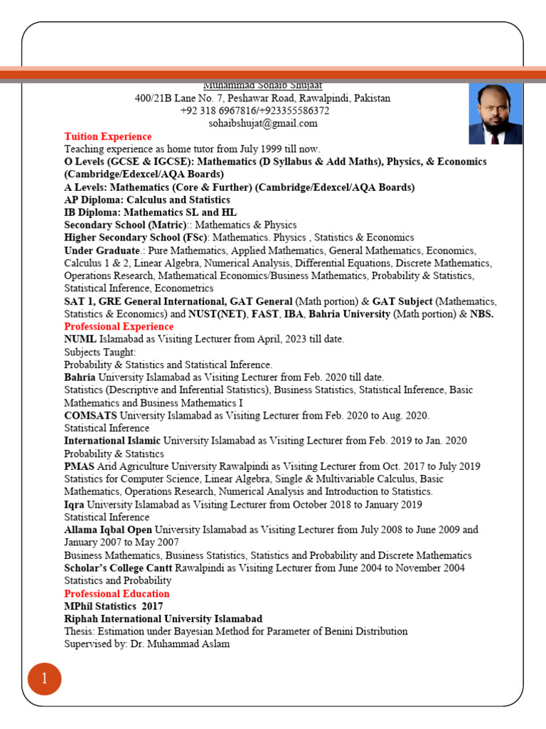CV Muhammad Sohaib Shujaat New-1 | PDF | Statistics | Mathematical Analysis