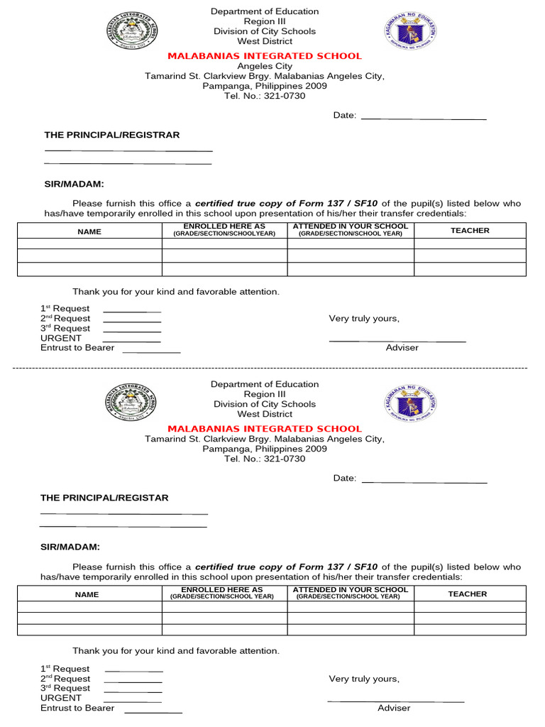 Request for Form 137/SF10 Copies | PDF | Philippines
