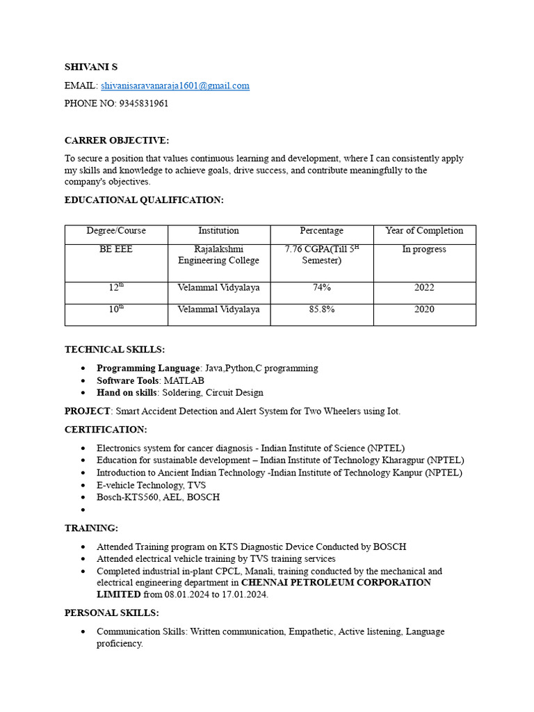 SHIVANI S Resume Edit | PDF