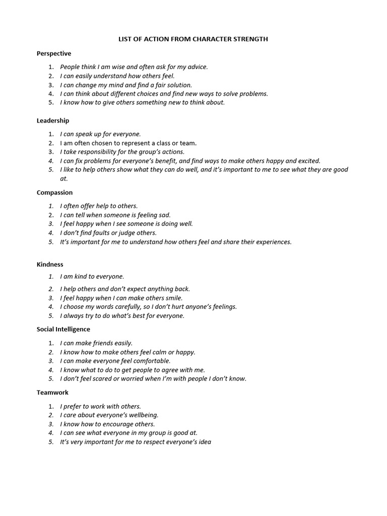 Character Strengths and Actions List | PDF