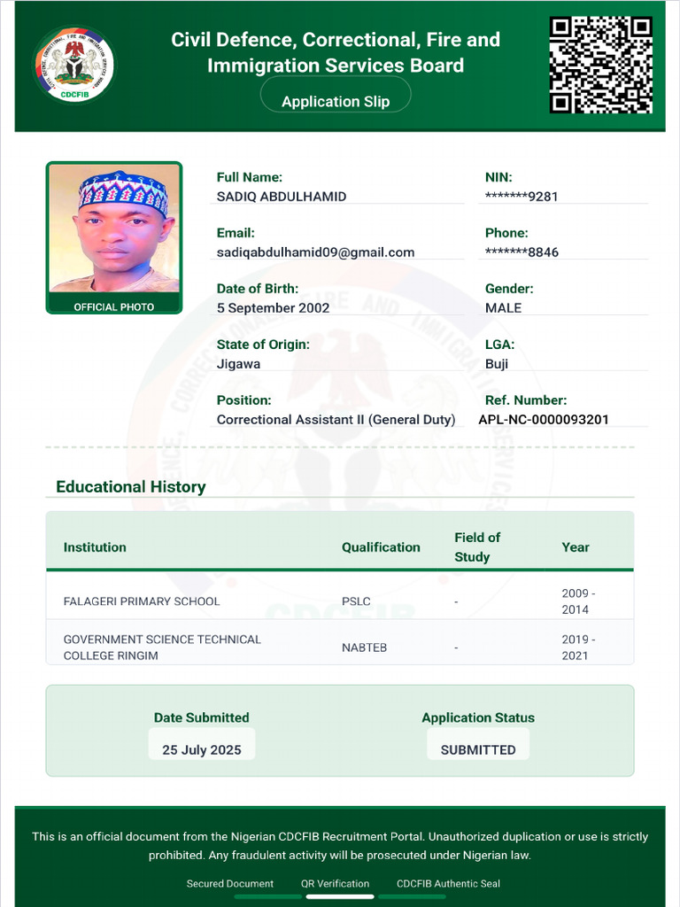SADIQ ABDULHAMID Application Slip | PDF
