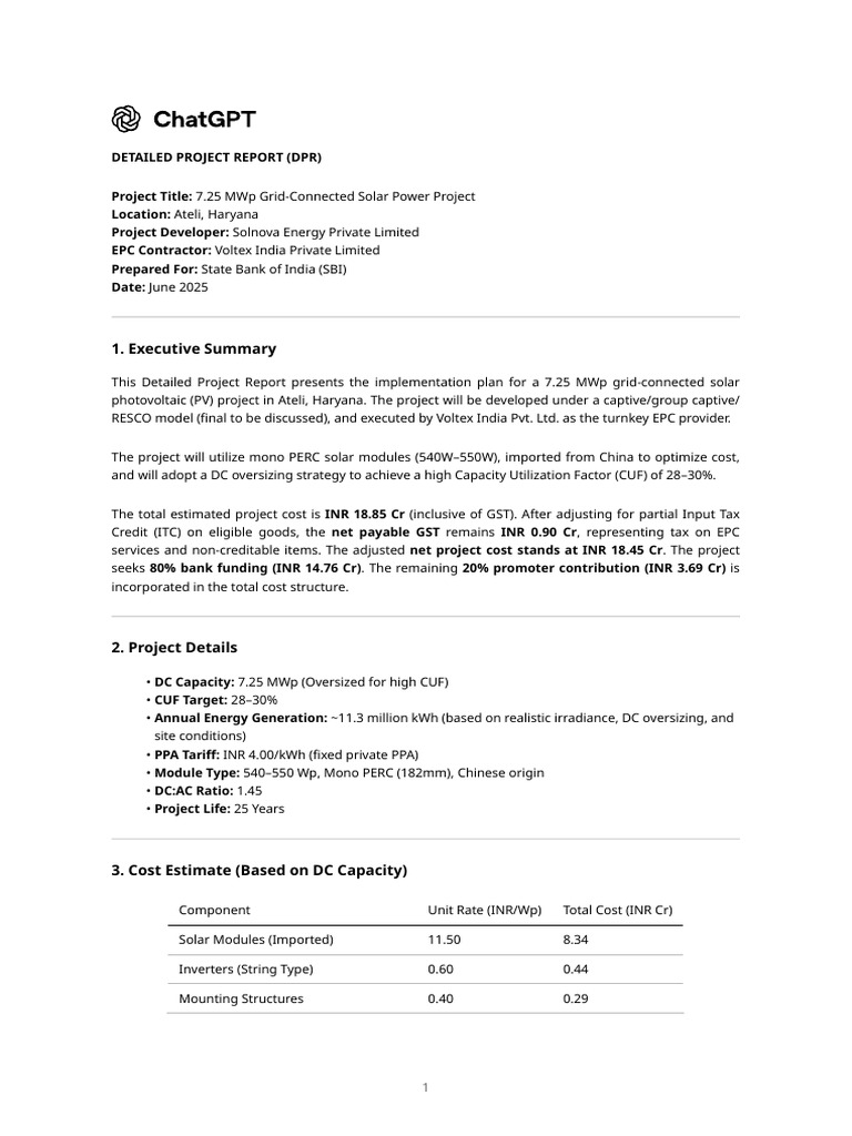 7.25 MWp Solar Project DPR for SBI | PDF | Photovoltaic System | Solar ...