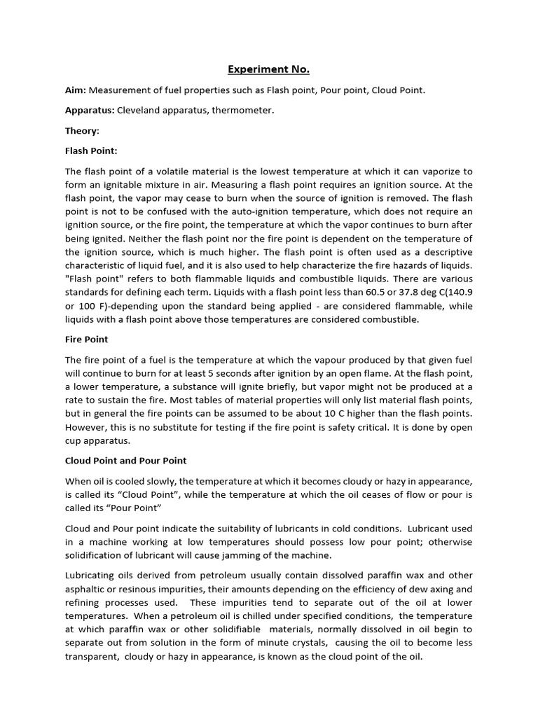 Determination of Flash Point, Fire Point, Cloud Point and Fire Point ...