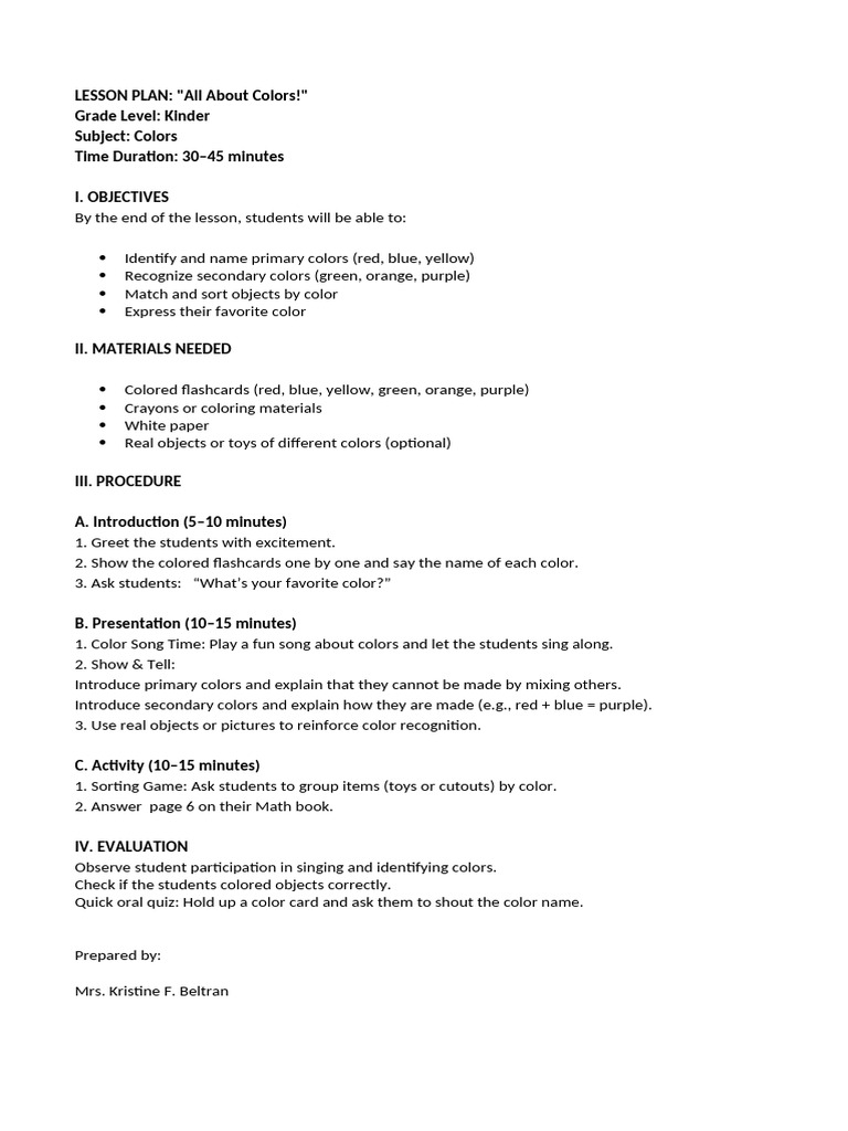 Kindergarten Colors Lesson Plan | PDF